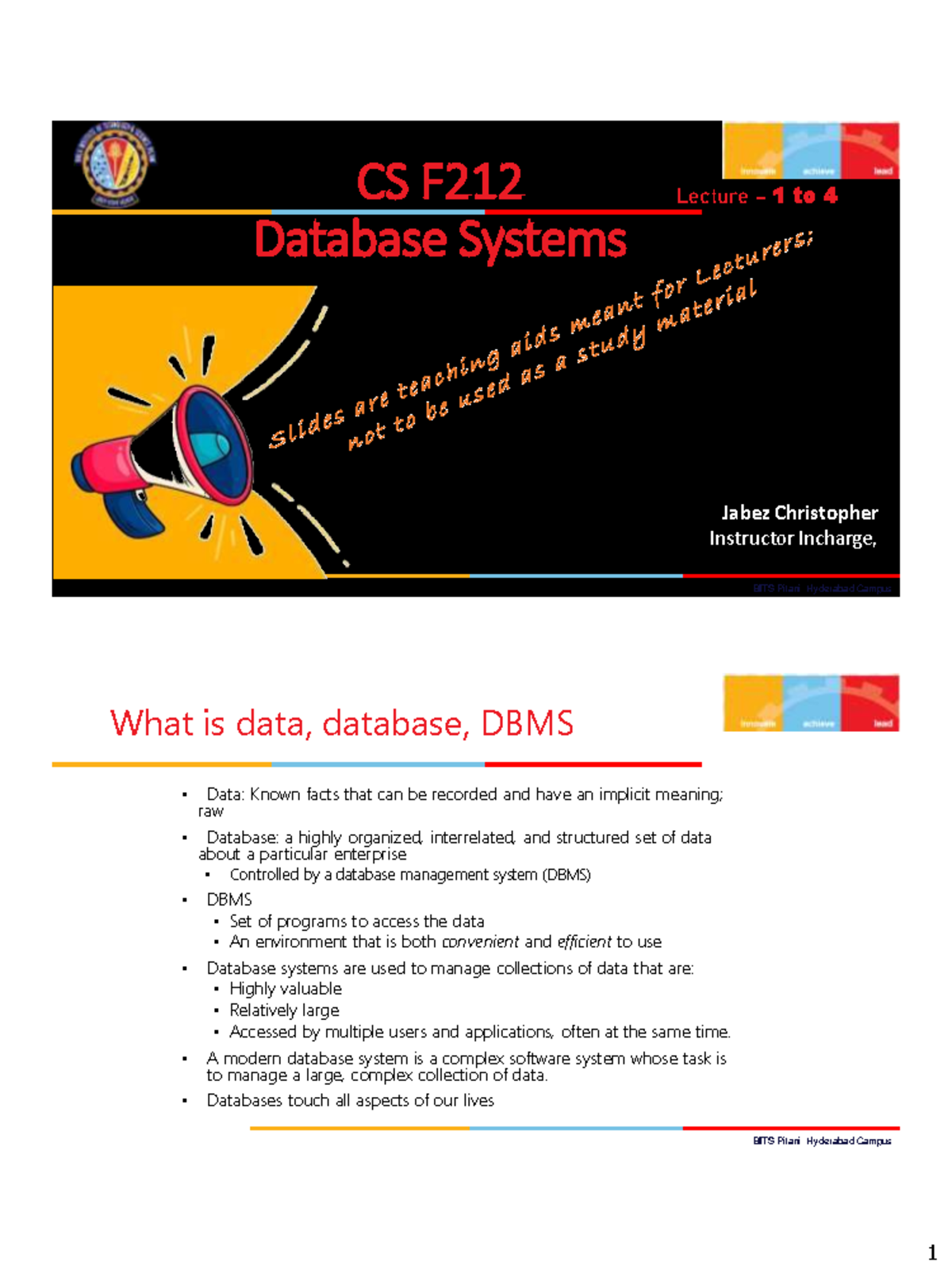 CS F212 Database Systems Lecture 1-4: Introduction to Data and DBMS ...