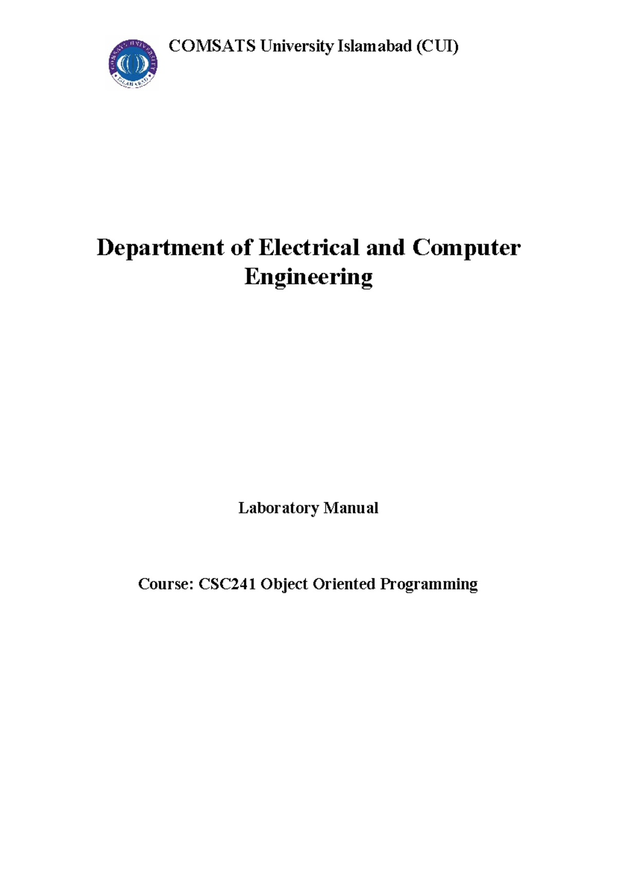 Lab Manual CSC241: Object Oriented Programming Overview and Exercises - Studocu