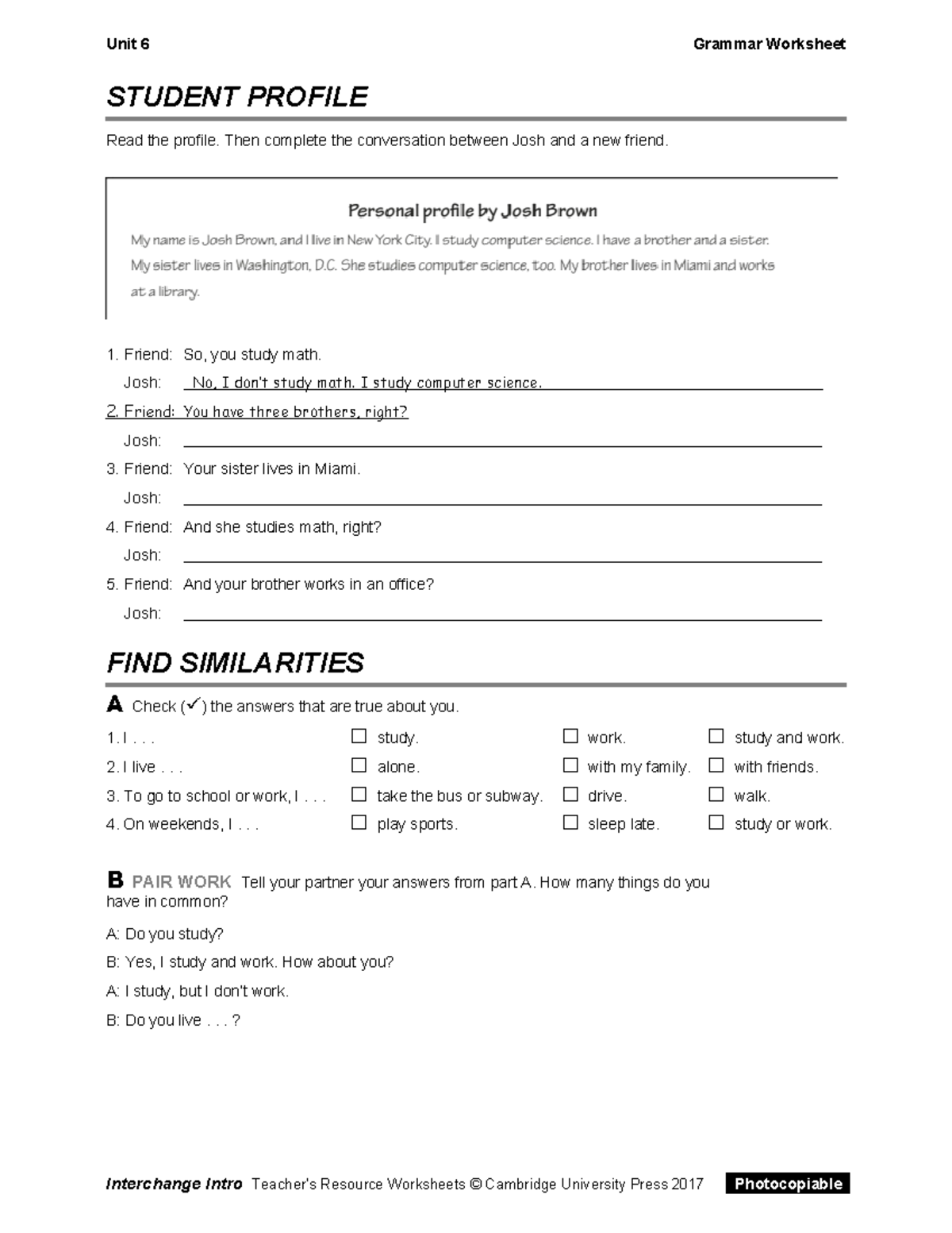 Interchange 5th Ed Intro Level Unit 06 Grammar Worksheet - Studocu