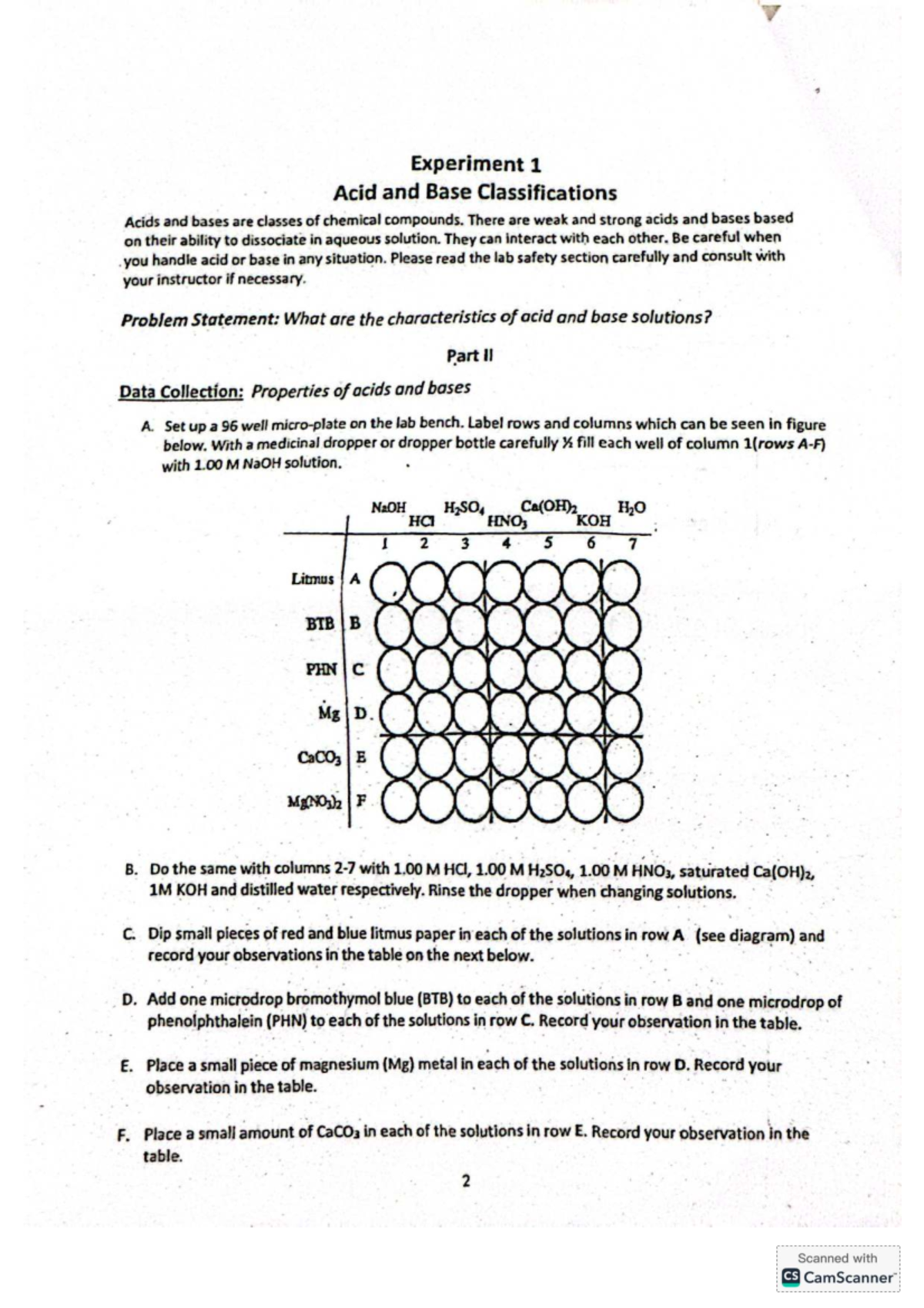 CHE101 Lab Report 1: Experiment on Acid and Base Classifications - Studocu