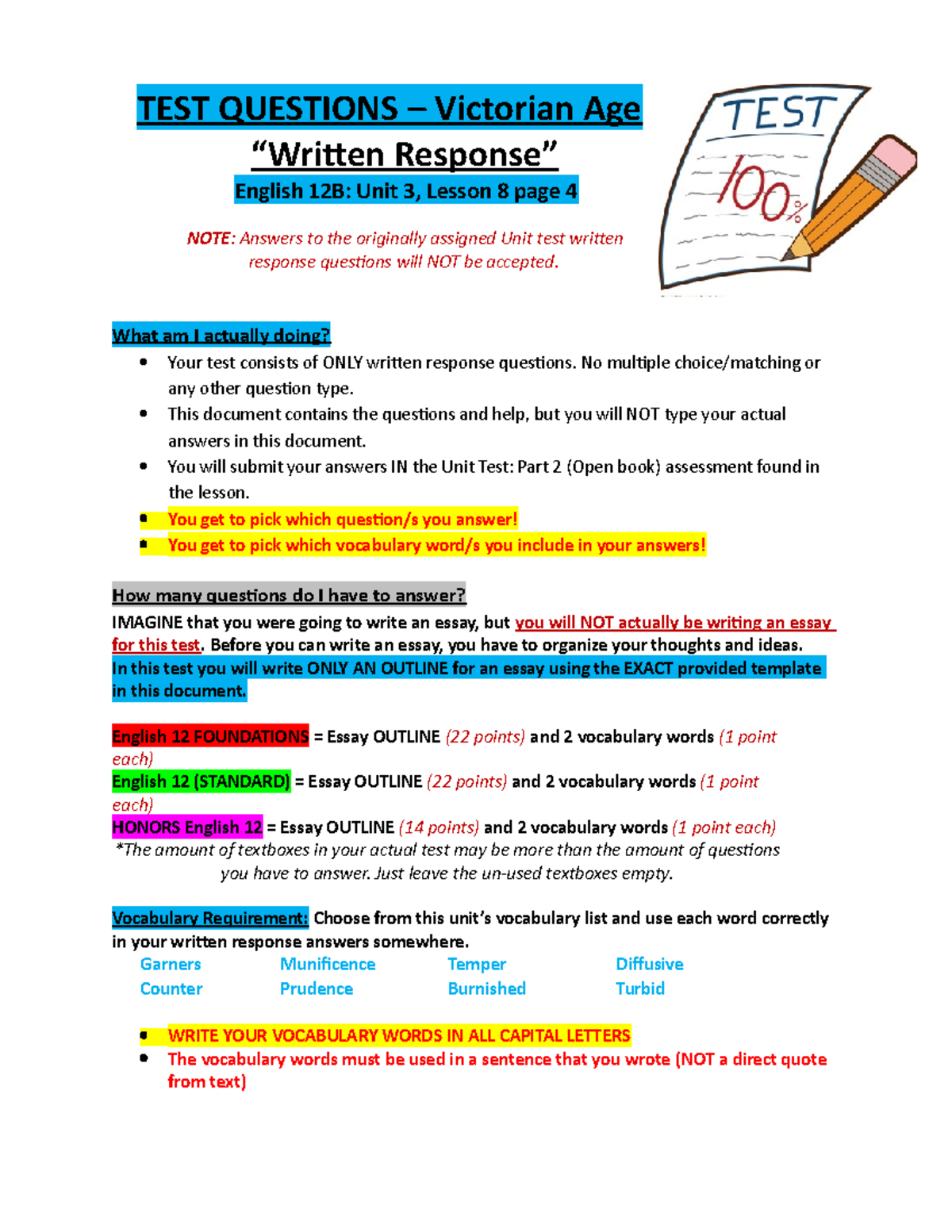 Victorian Age Test Questions - TEST QUESTIONS Victorian Age English 12B ...