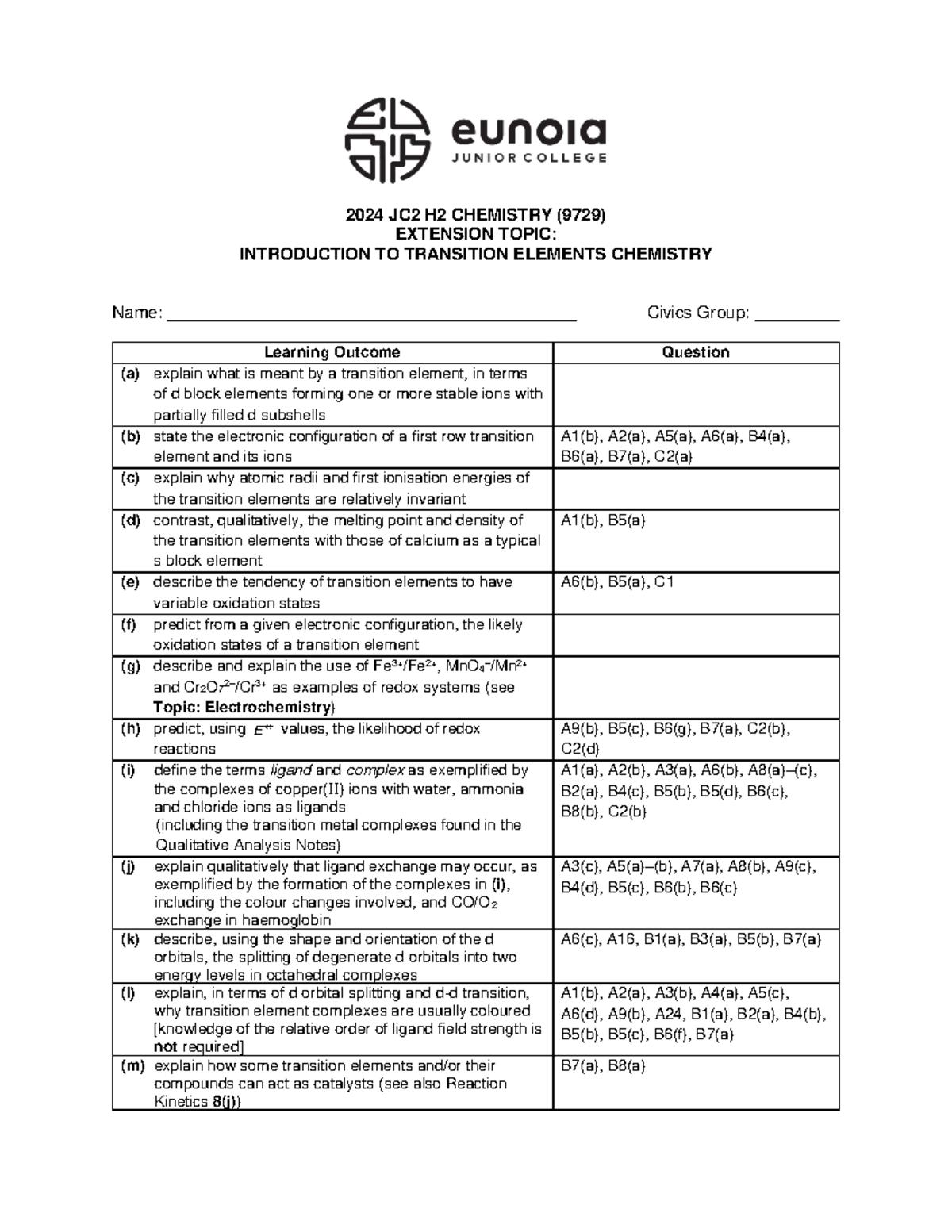 2024 JC2 H2 CHEMISTRY (9729) TUTORIAL QUESTIONS ON TRANSITION ELEMENTS ...