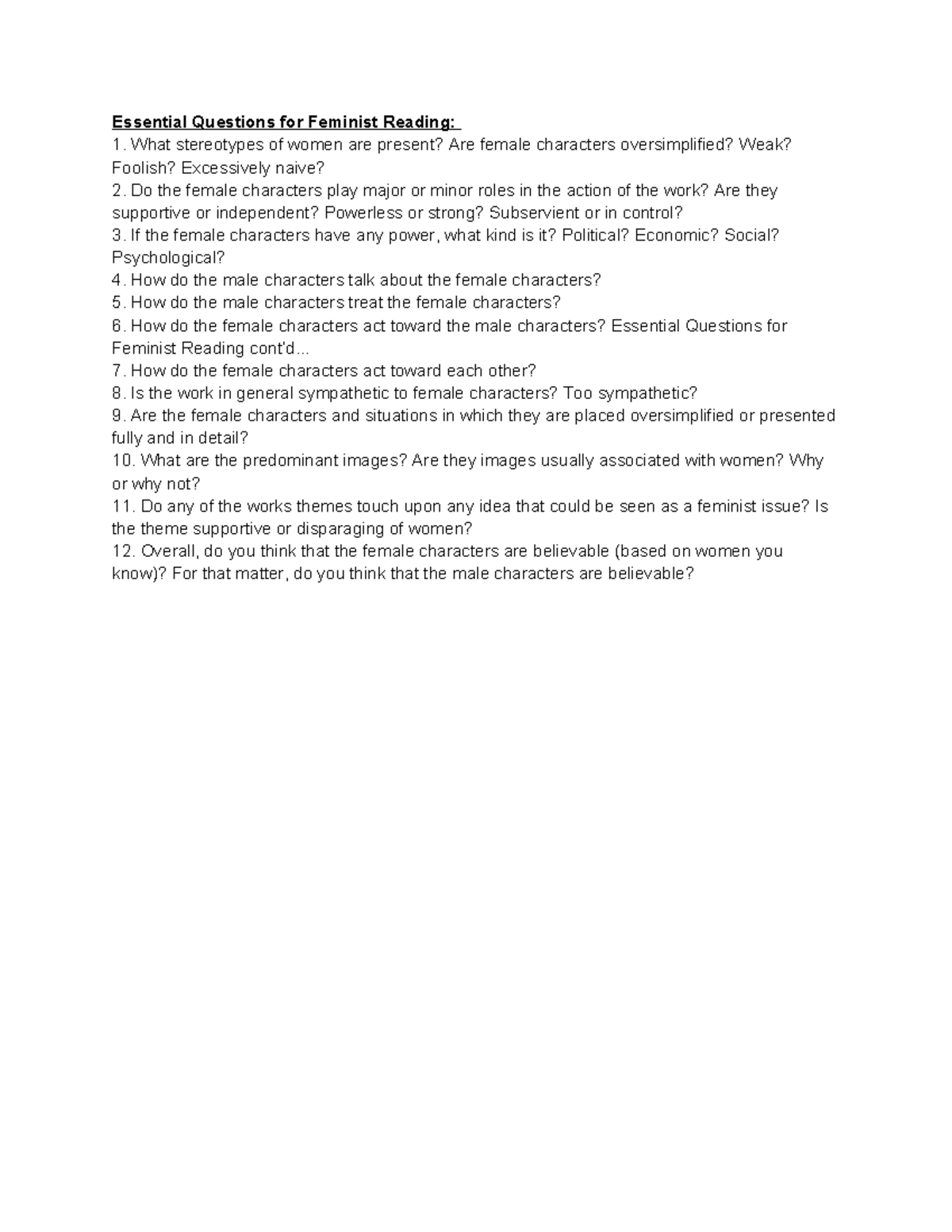 Lit Lenses Guiding Questions - Essential Questions for Feminist Reading ...