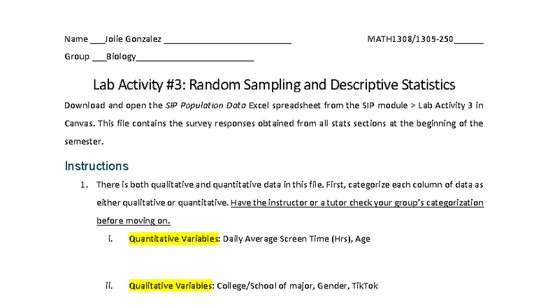 Lab Activity Report: Random Sampling & Descriptive Stats (MATH1308/1309 ...