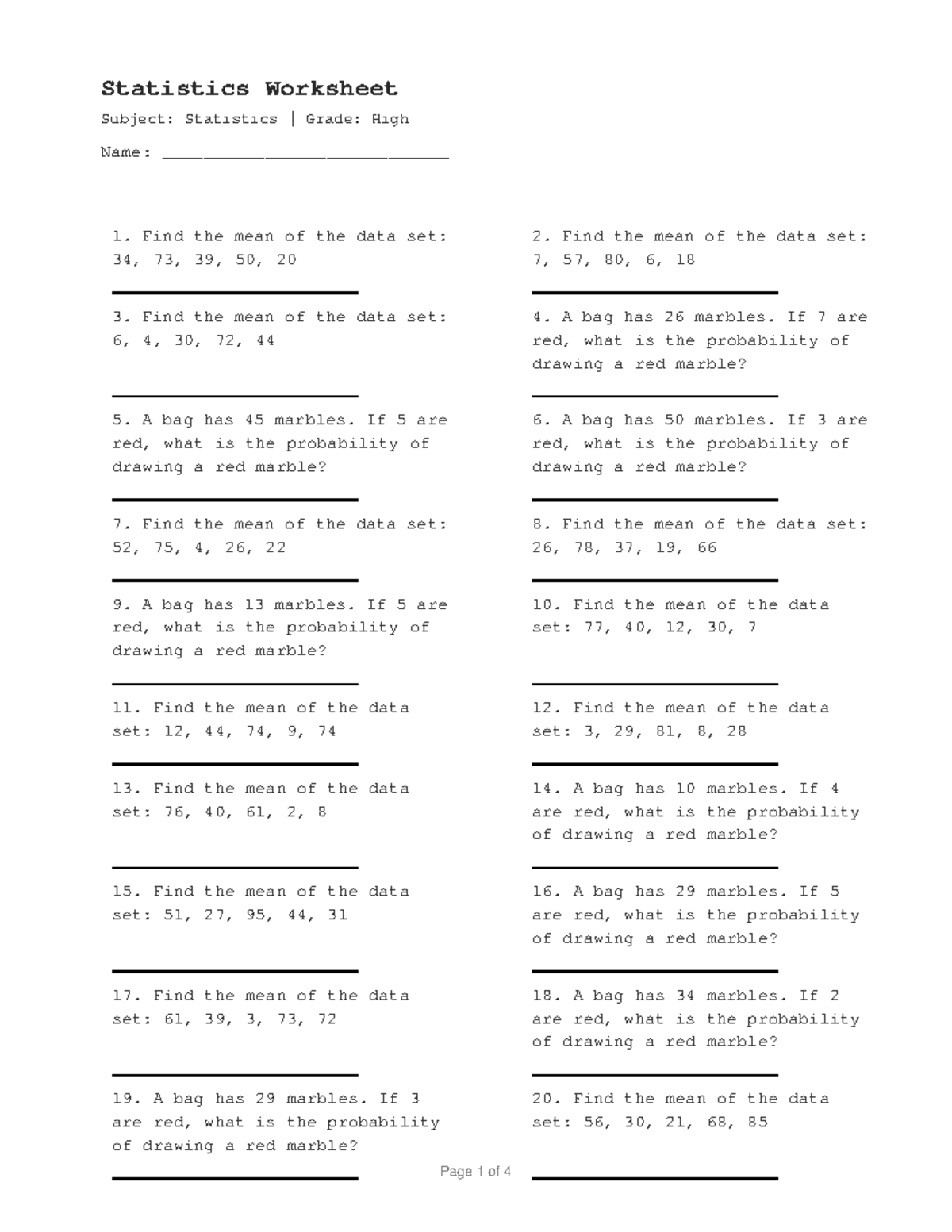 Statistics Worksheet 9: Mean & Probability Problems - Studocu