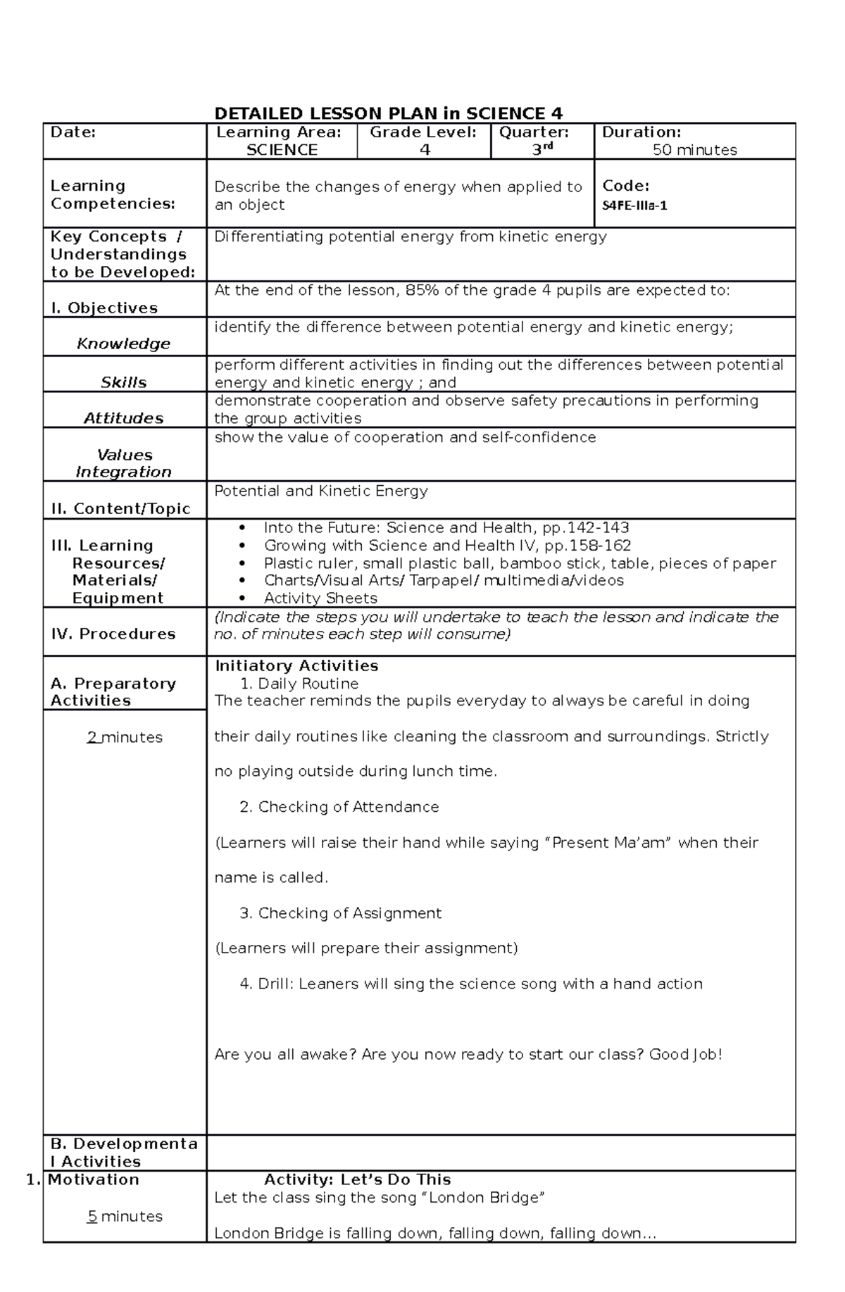 Detailed Lesson Plan on Potential & Kinetic Energy for SCI 4 Q3 - Studocu