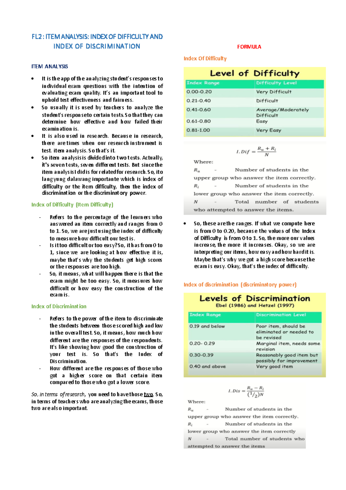 FL2: ITEM ANALYSIS: DIFFICULTY & DISCRIMINATION INDEX FORMULAS - Studocu