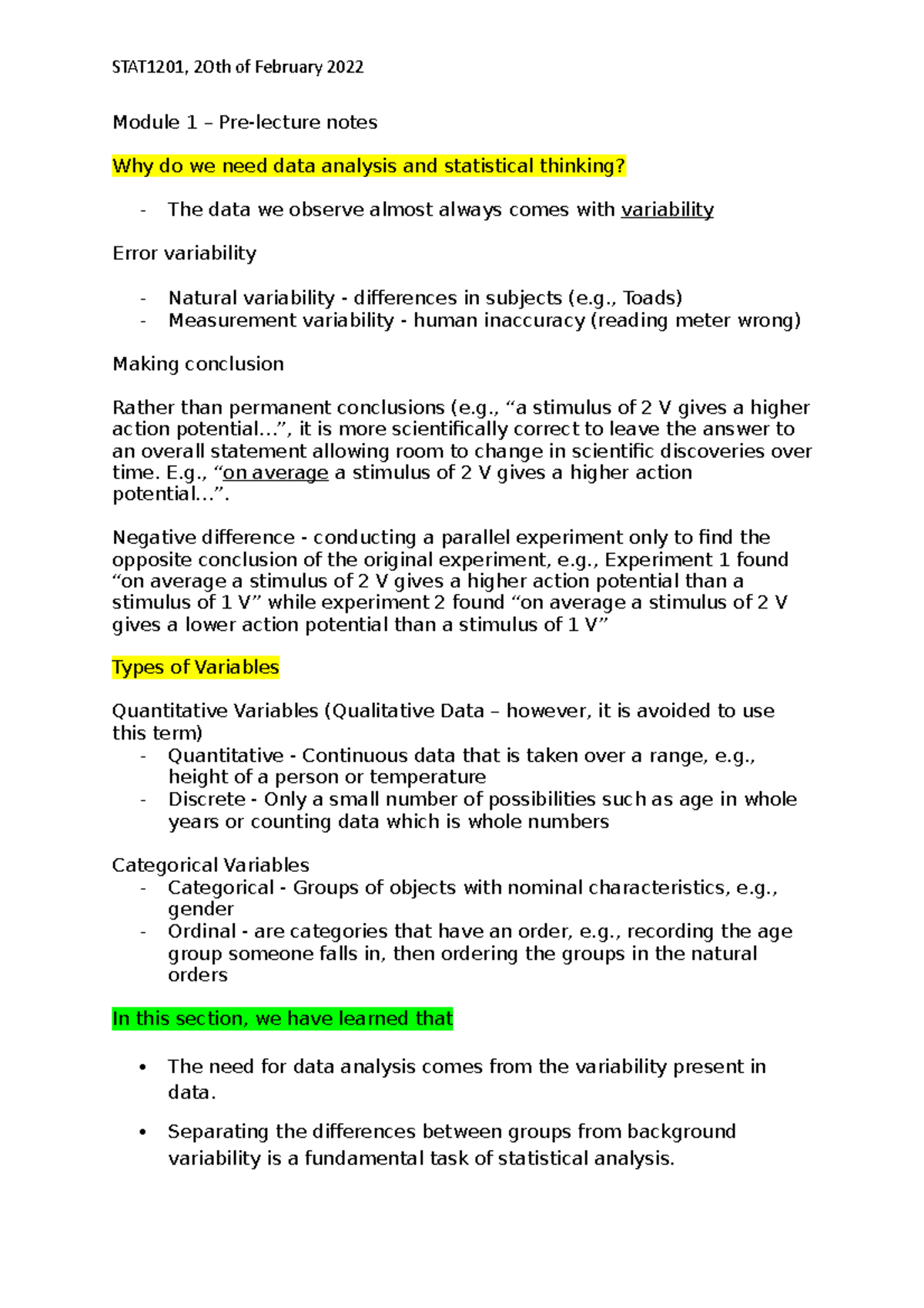 Module 1 Stat1201 2oth Of February 2022 Module 1 Pre Lecture Notes