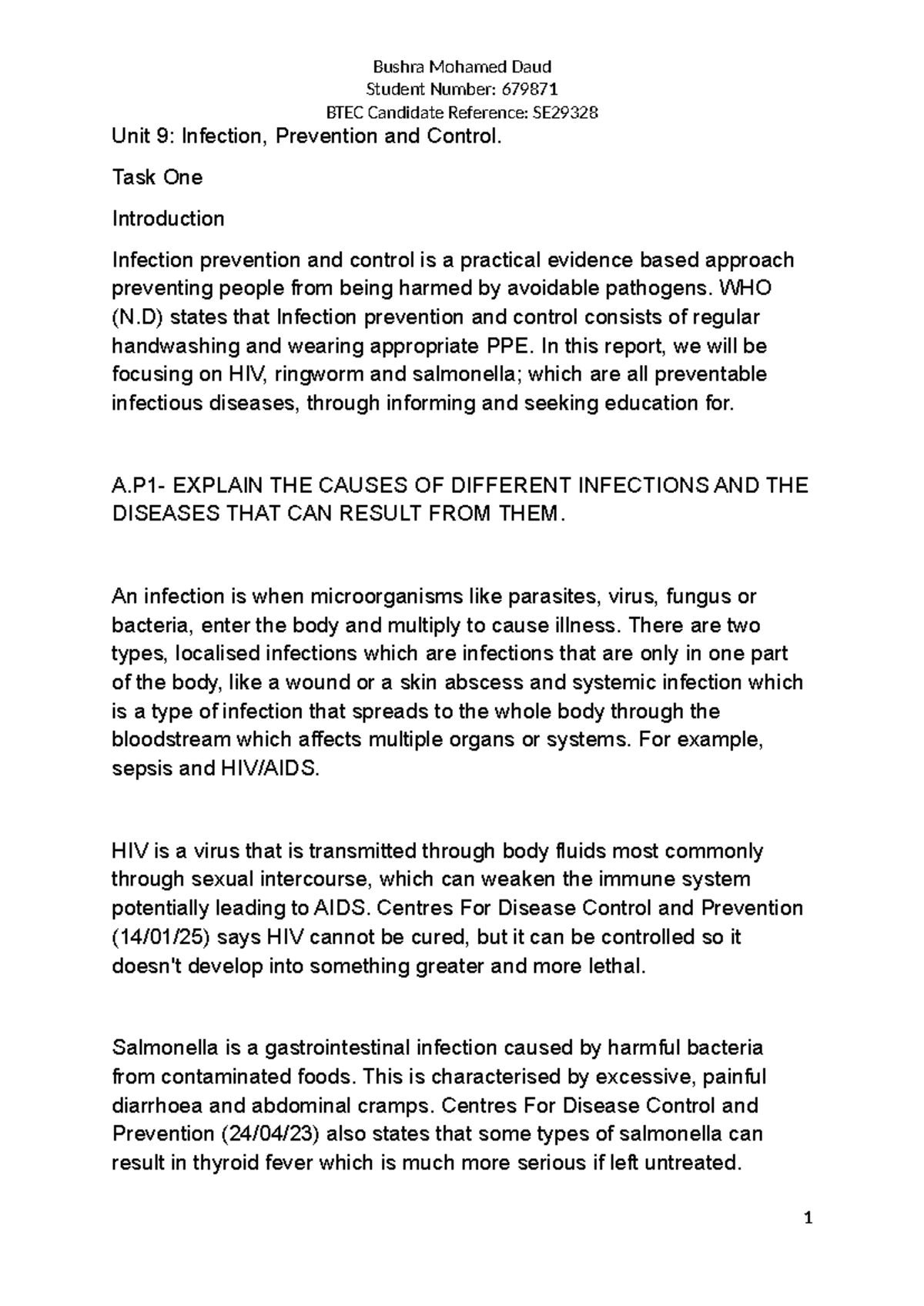 Unit 9: Infection Prevention and Control - Task 1 Report on Infectious ...
