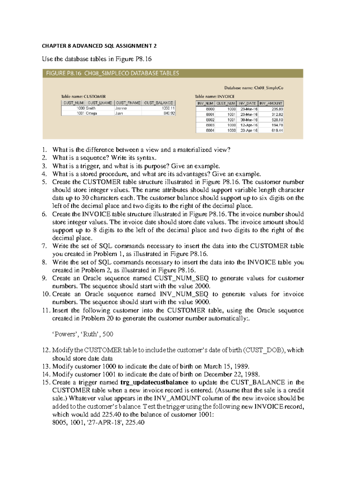 Chapter 8 Advanced SQL Assignment - CHAPTER 8 ADVANCED SQL ASSIGNMENT 2 Use the database tables ...
