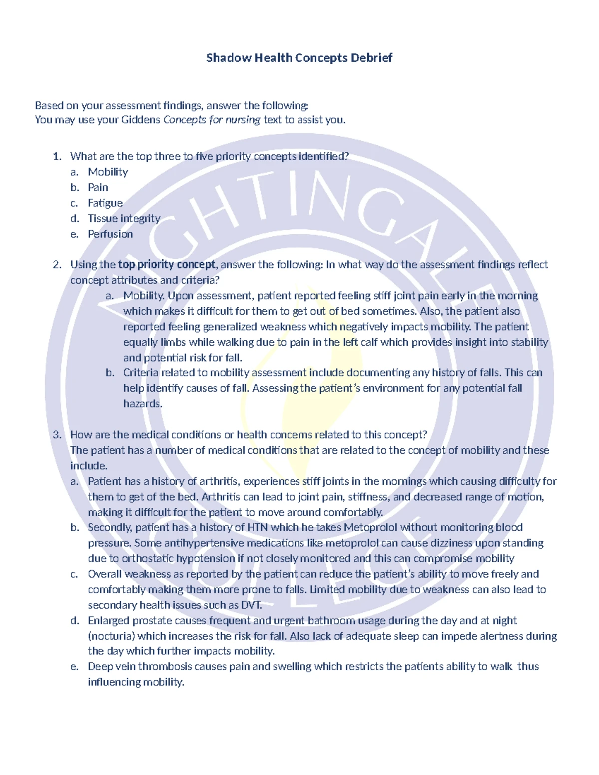 Nursing Care Plan - Robert Hall - Mobility Shadow Health - Focused Exam ...