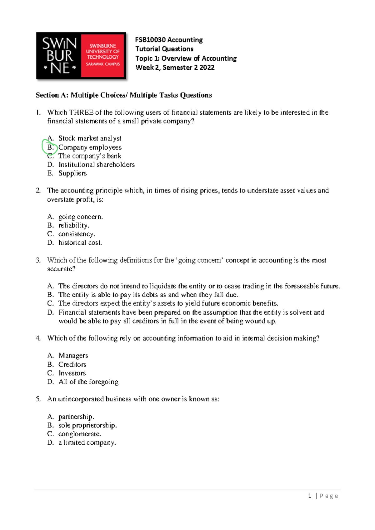 FSB10030 Accounting Tutorial: Week 2, Topic 1 Questions & Concepts ...
