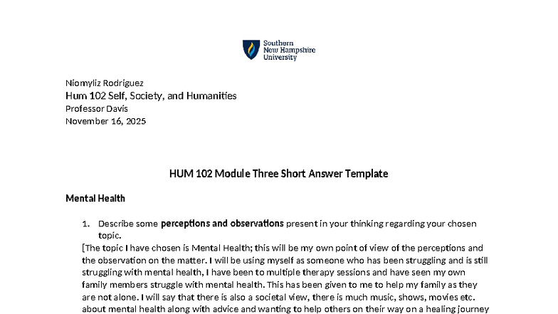 HUM 102 Module 3 Short Answer: Perspectives on Mental Health - Studocu