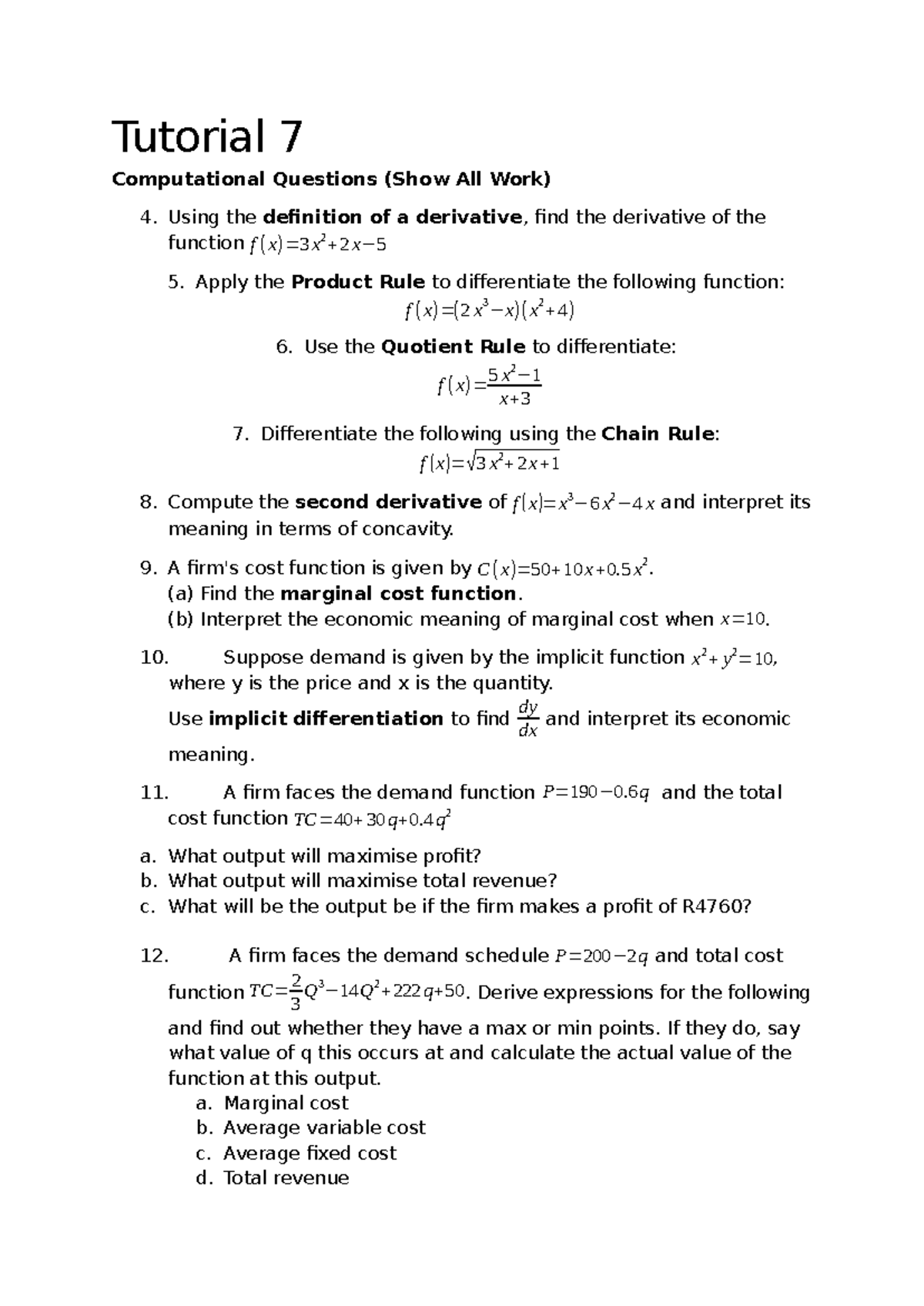 Tutorial 7: Differentiation in Economic Context (Show All Work) - Studocu