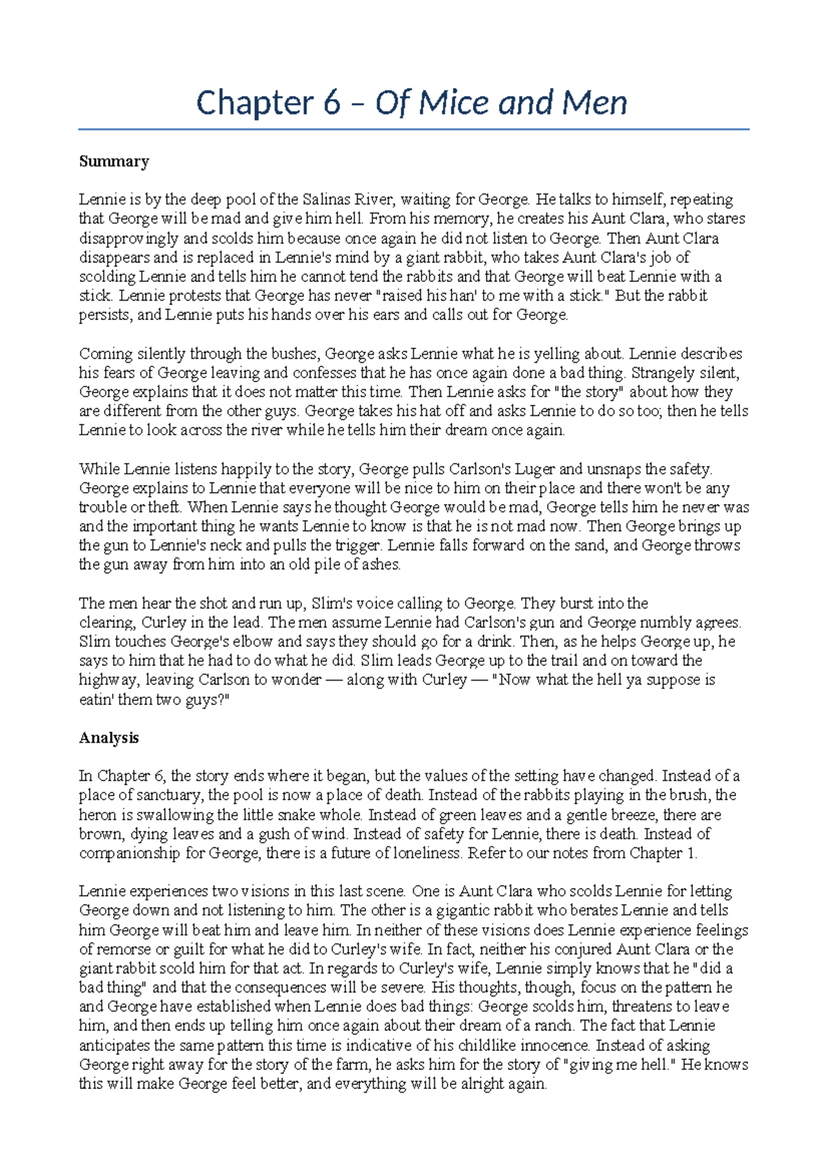 Chapter 6 Summary & Analysis: Of Mice and Men Insights - Studocu