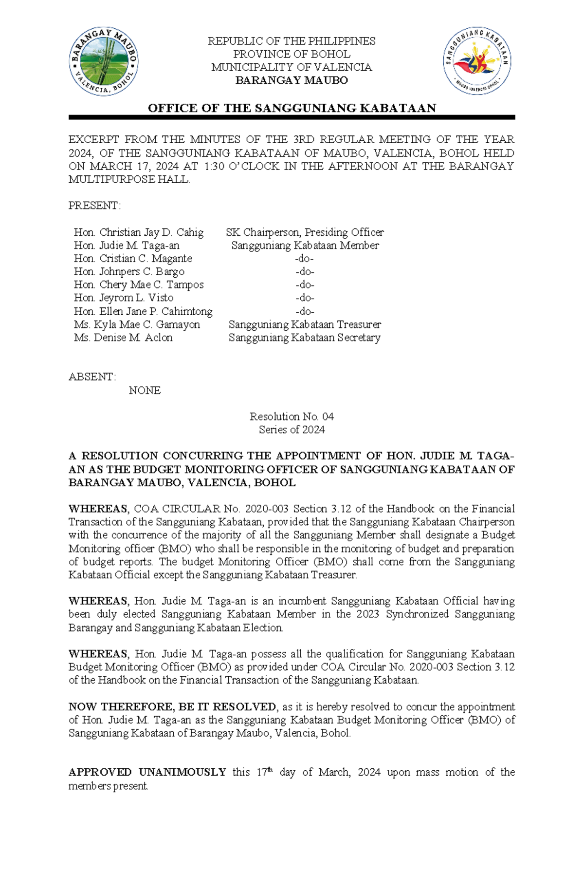 Resolution No. 04: Appointment of SK Budget Monitoring Officer 2024 ...