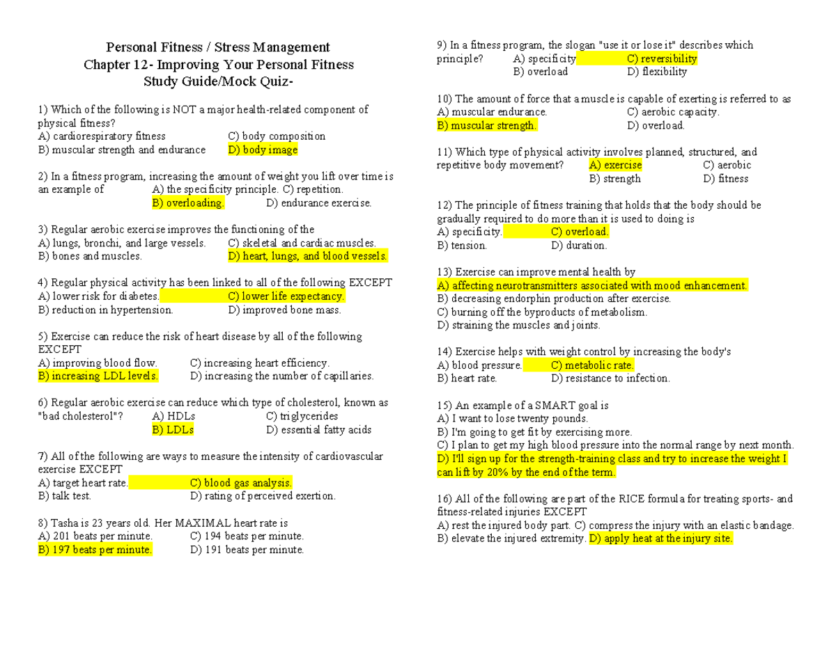 Personal Fitness Stress Management Quiz: Chapter 12 Study Guide - Studocu