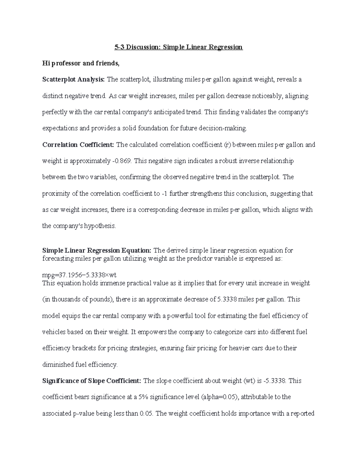 MAT-243 Discussion: Insights into Simple Linear Regression Analysis - Studocu