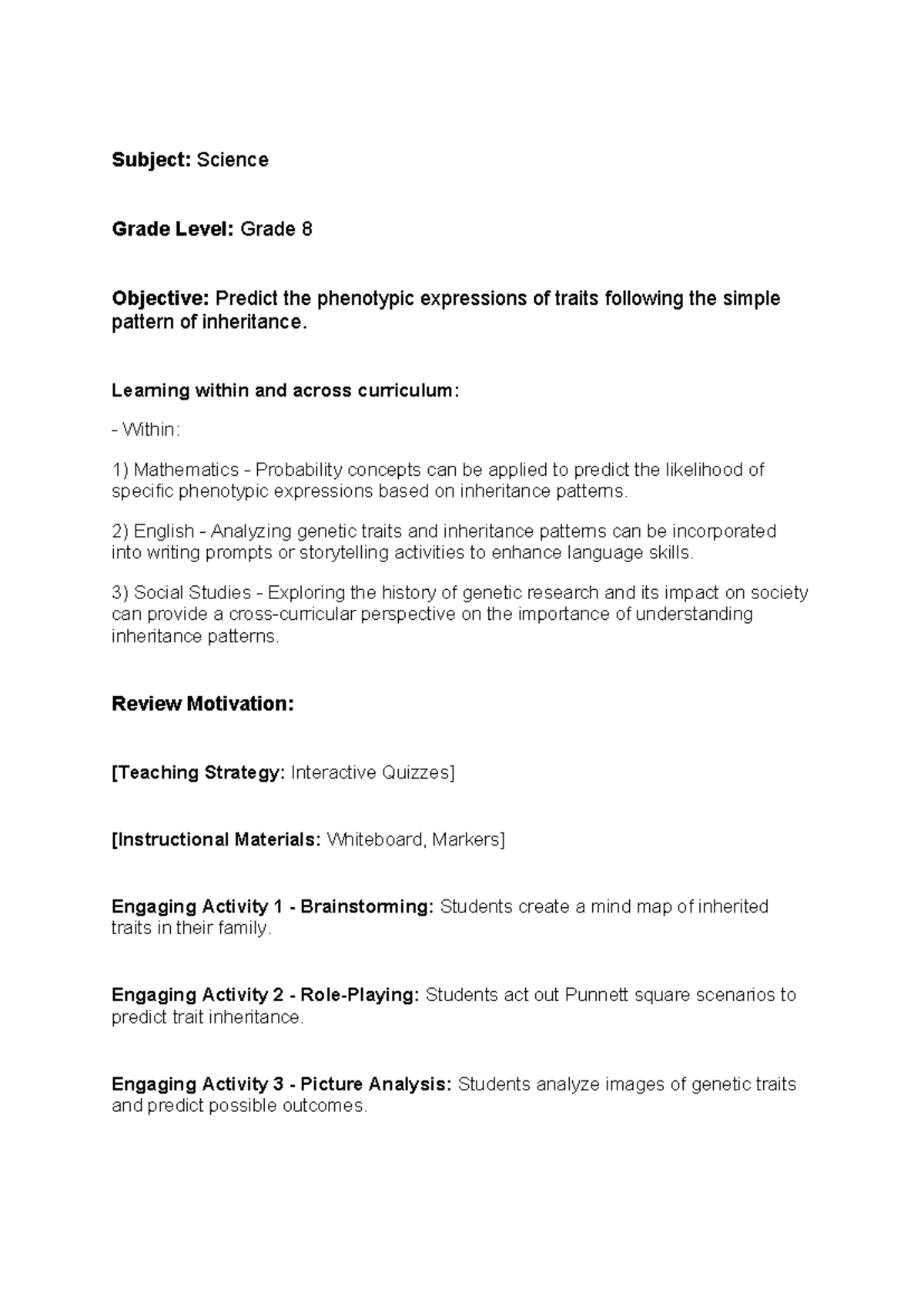 Grade 8 Science Lesson Plan: Predicting Traits via Inheritance Patterns ...