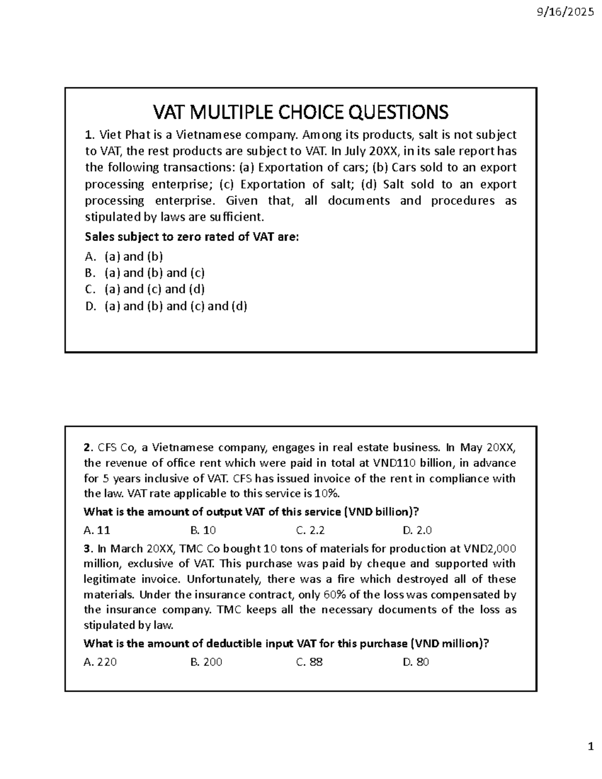 Multiple Choice Questions on VAT - F6. CLC.2025 - Studocu