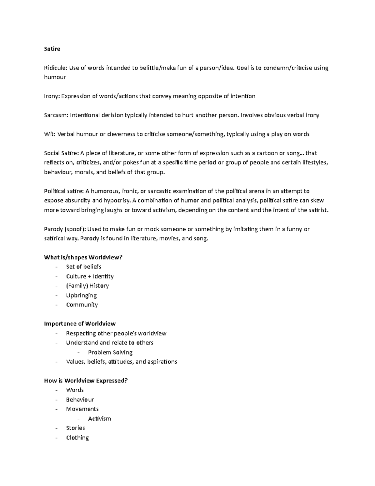 NBE 3U1 Satire and Worldview Analysis Notes - Studocu