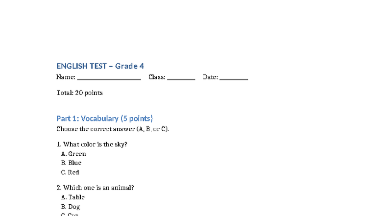 ENGLISH TEST Grade 4 - Vocabulary, Grammar, & Reading - Studocu