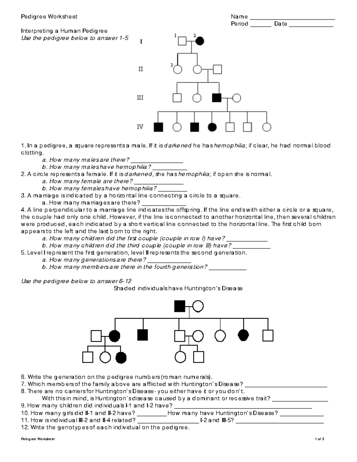 Pedigree Worksheet - Genetics Analysis for Inheritance Patterns - Studocu