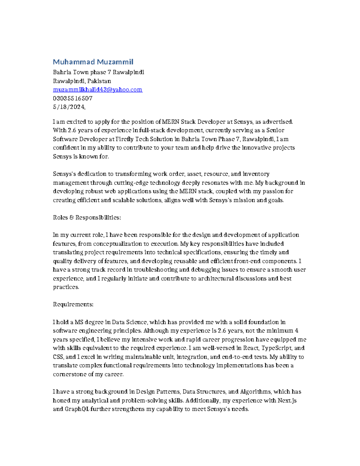 MERN Stack Developer Cover Letter - Muhammad Muzammil Bahria Town phase ...