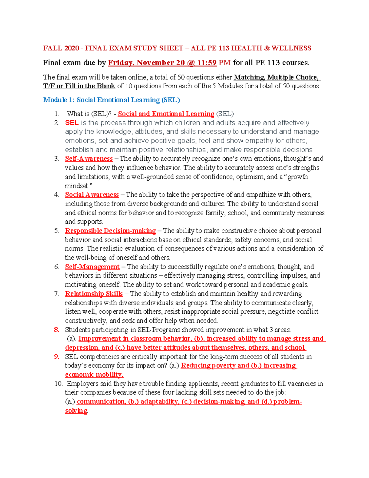 PE Study Sheet - N/a - FALL 2020 - FINAL EXAM STUDY SHEET – ALL PE 113 ...