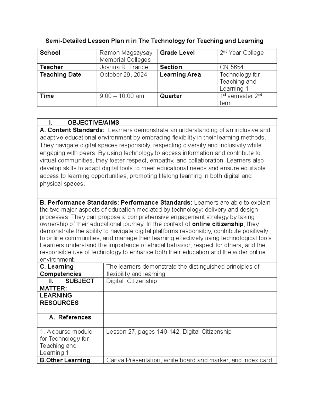 SEMI- Detailed- Lesson-PLAN-TTL1 trance - Semi-Detailed Lesson Plan n in The Technology for ...
