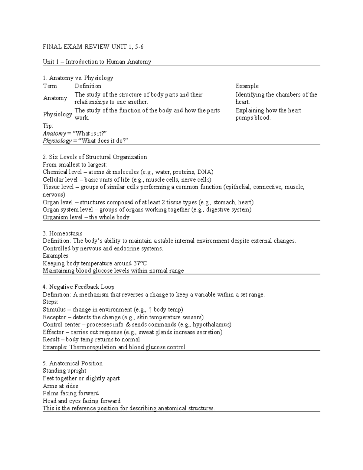 Final Exam Review: Human Anatomy (Units 1, 5-6) - Studocu
