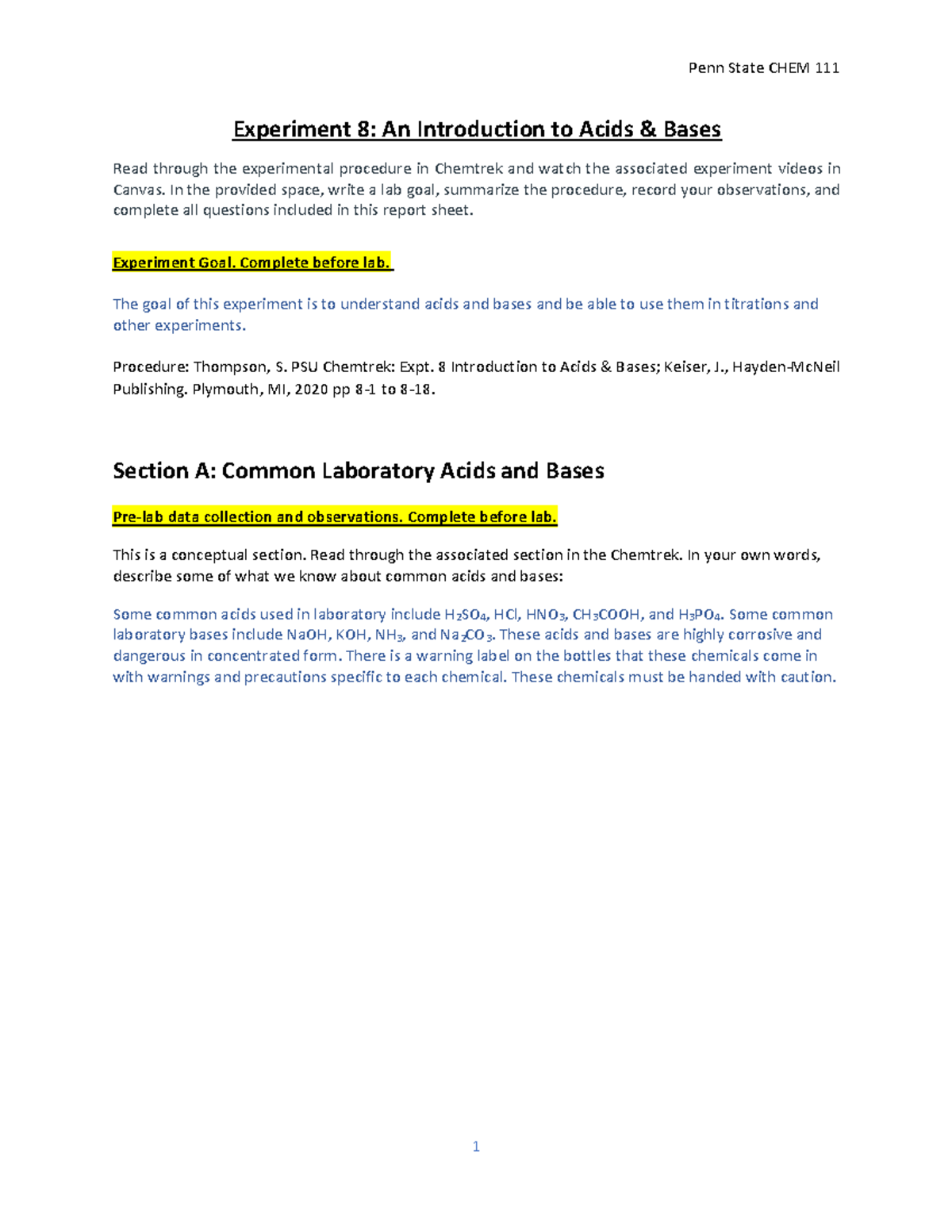 Experiment 8 Prelab CHEM111 - Experiment 8: An Introduction to Acids ...