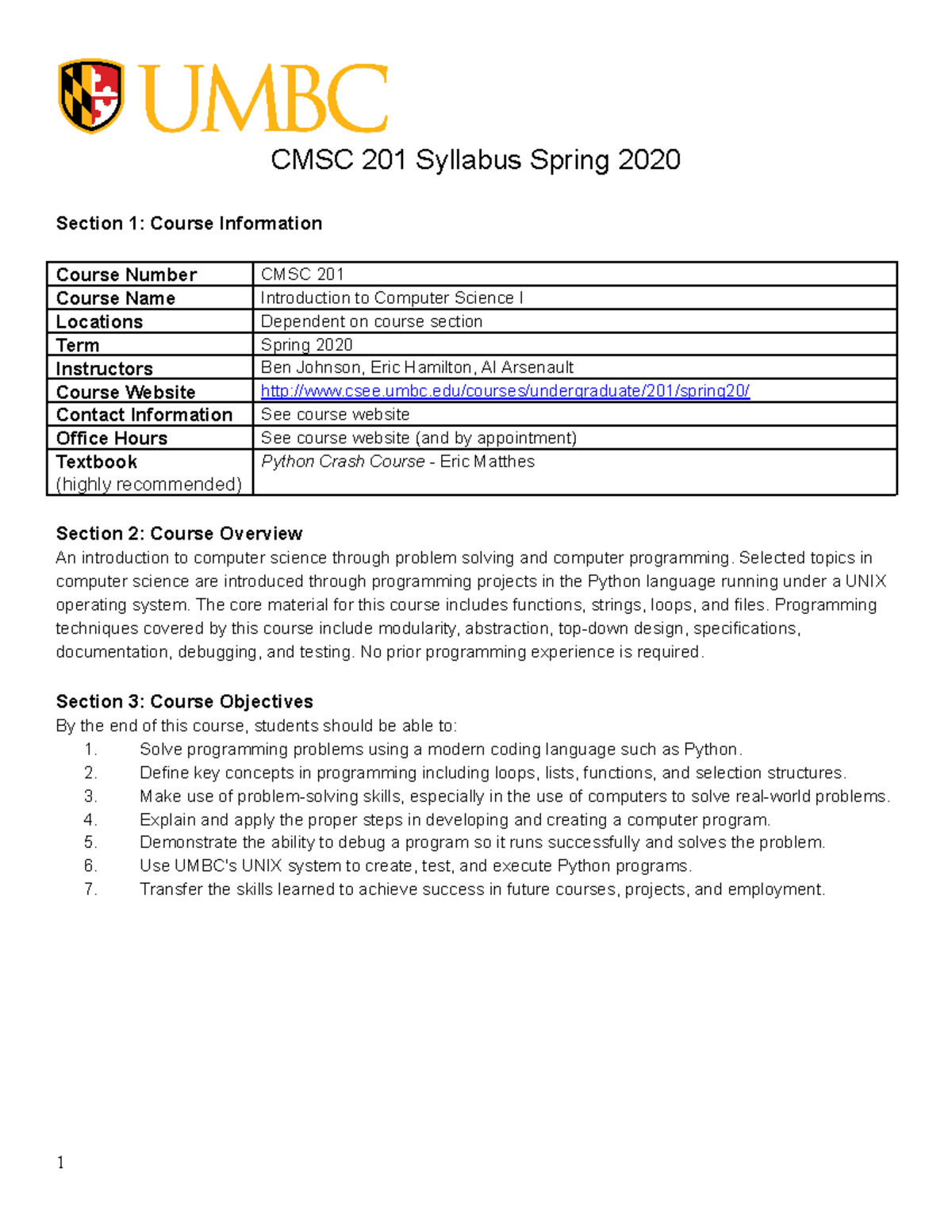 CMSC 201 Spring 2020 Syllabus: Introduction to Computer Science I - Studocu