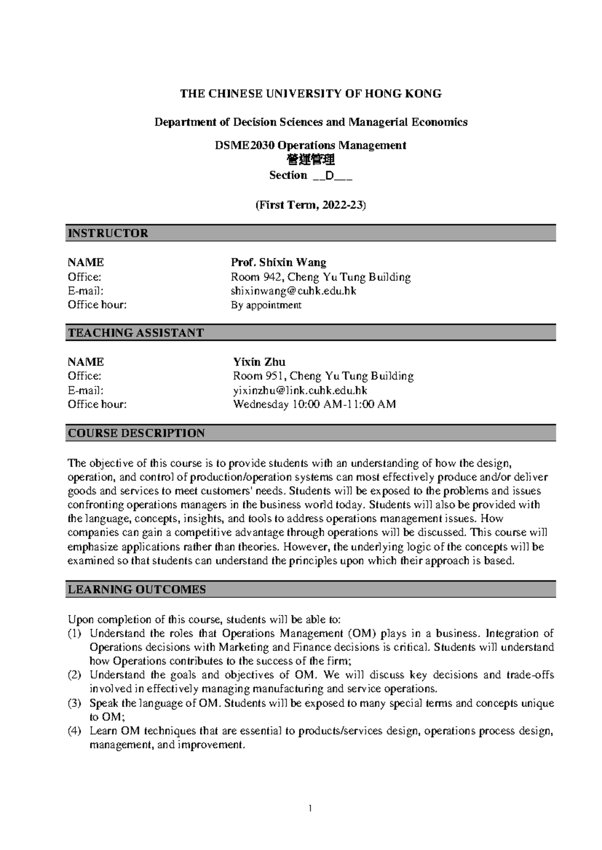 DSME2030 D-Fall2022 Operations Management Course Syllabus - Studocu