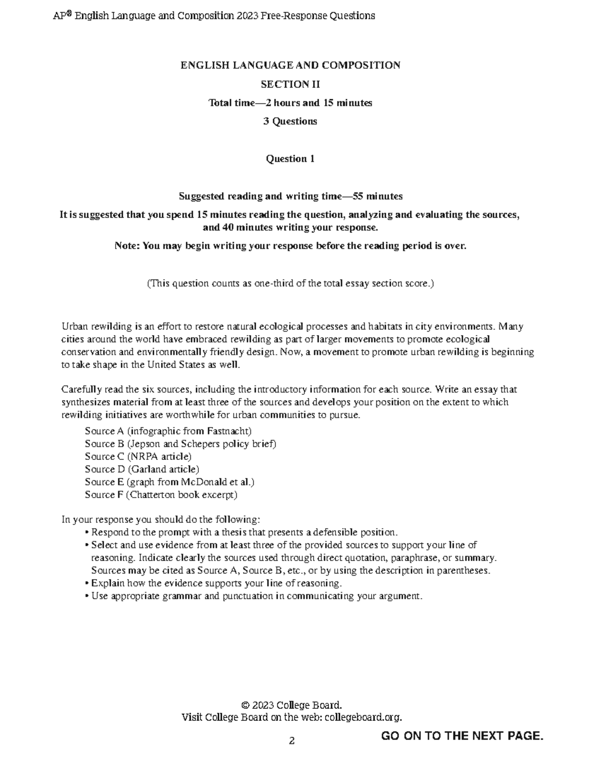 ENGLISH LANGUAGE AND COMPOSITION 2023: Urban Rewilding Essay Prompt ...