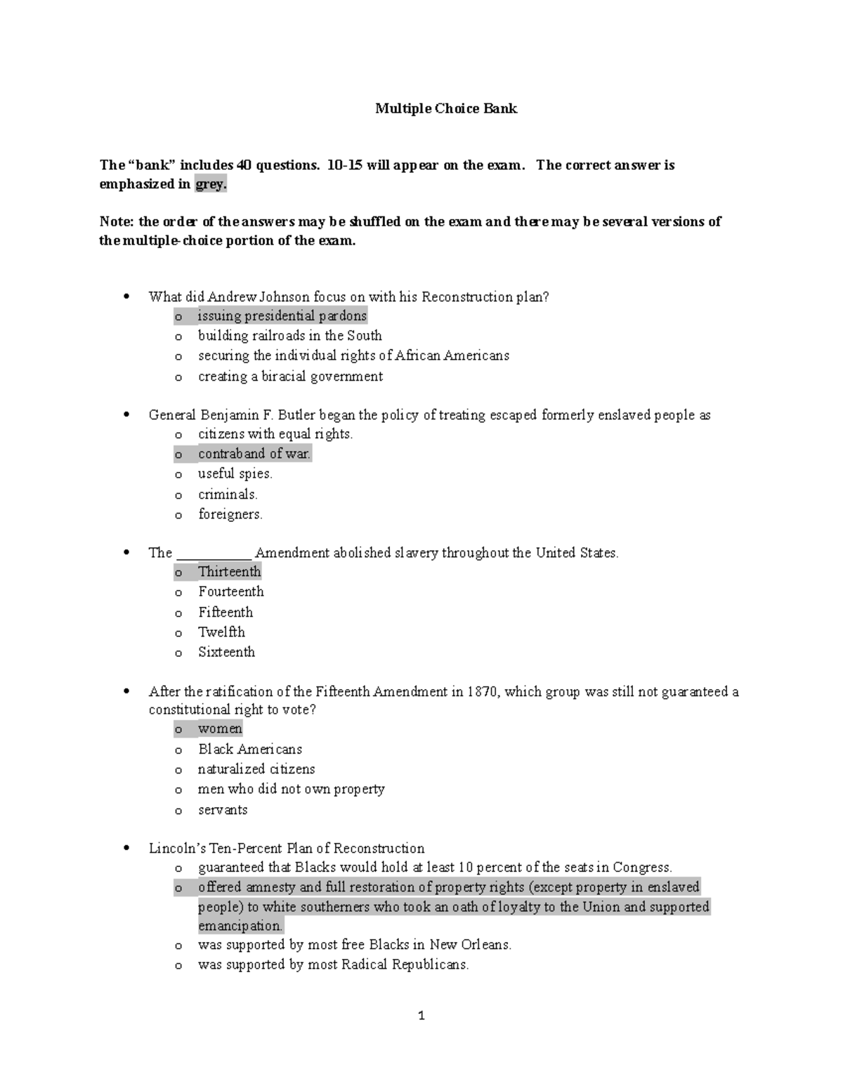 HIST 201: Multiple Choice Bank for Civil War and Reconstruction Exam ...
