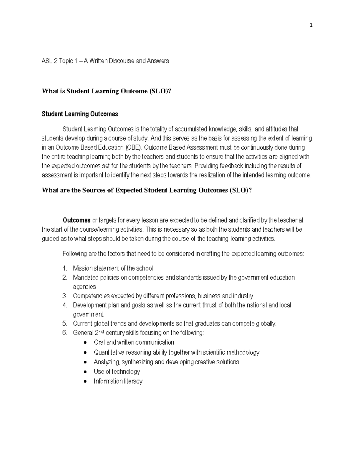 ASL 2 Topic 1: Understanding Student Learning Outcomes and OBE - Studocu