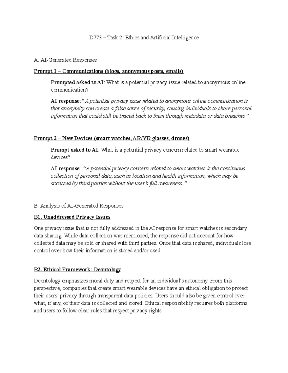 D773 Task 2: Ethics of AI & Privacy Concerns in Communication - Studocu