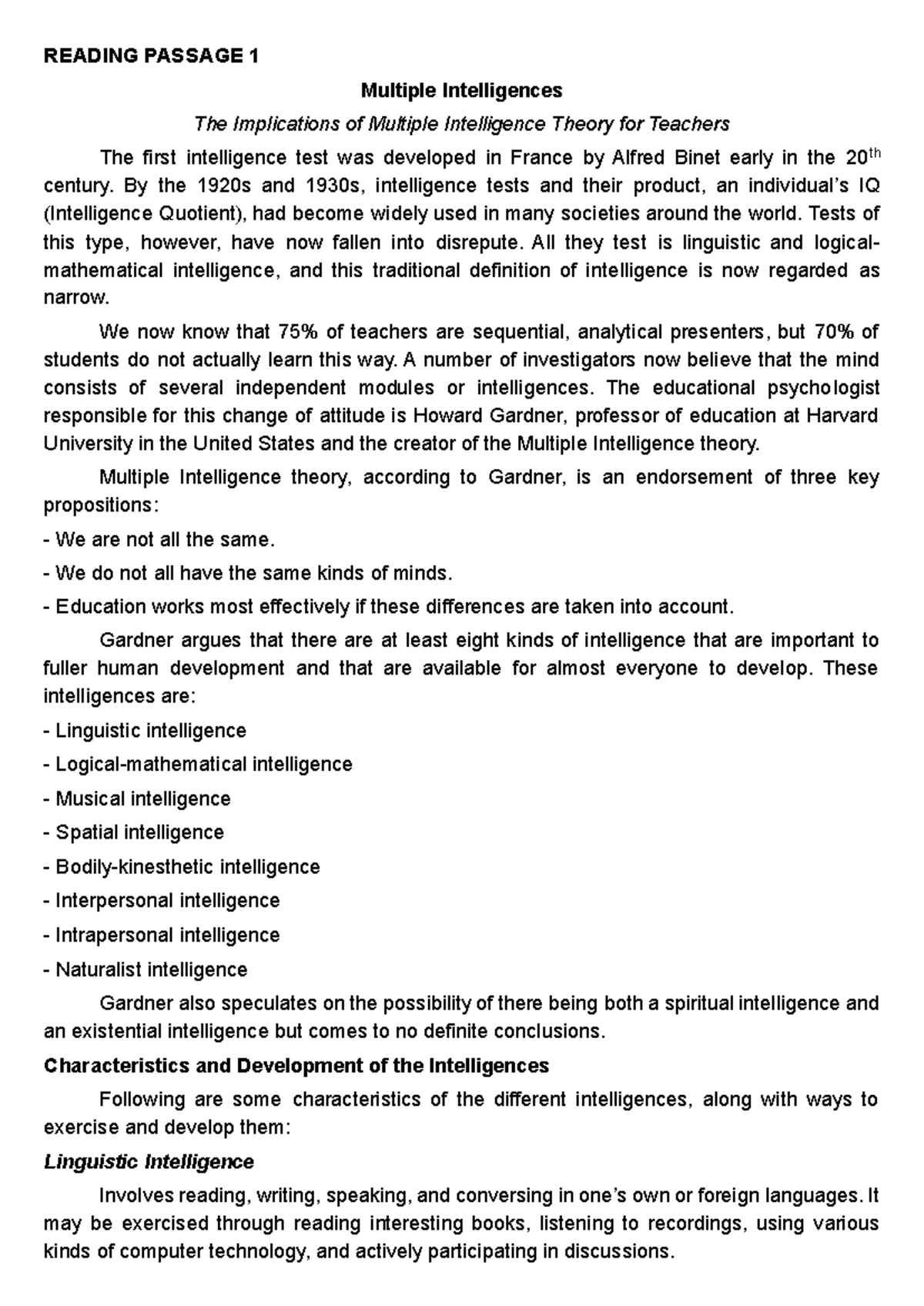 Real Exam - Passage 1: Multiple Intelligences Overview (01.16.2026 ...