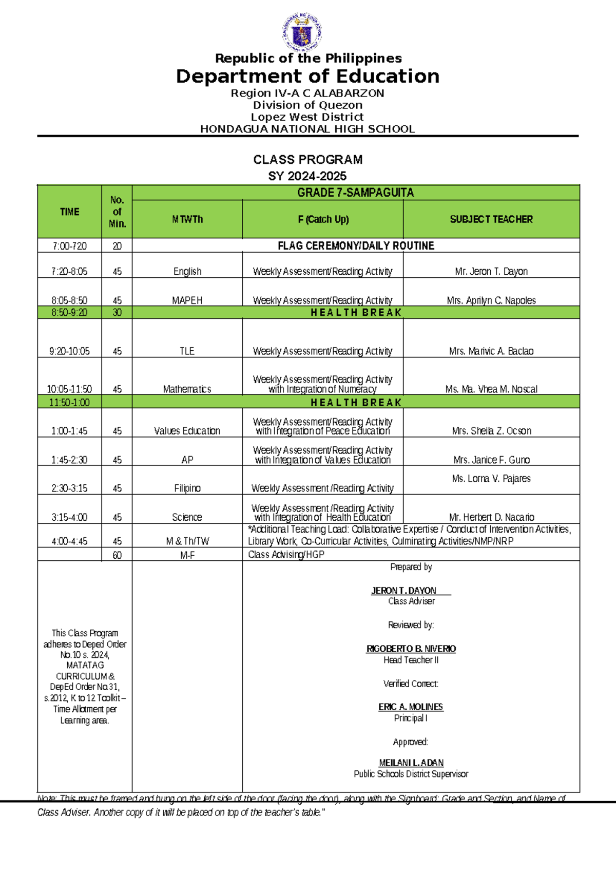 Grade 7 Sampaguita Class Program SY 2024-2025 - Studocu