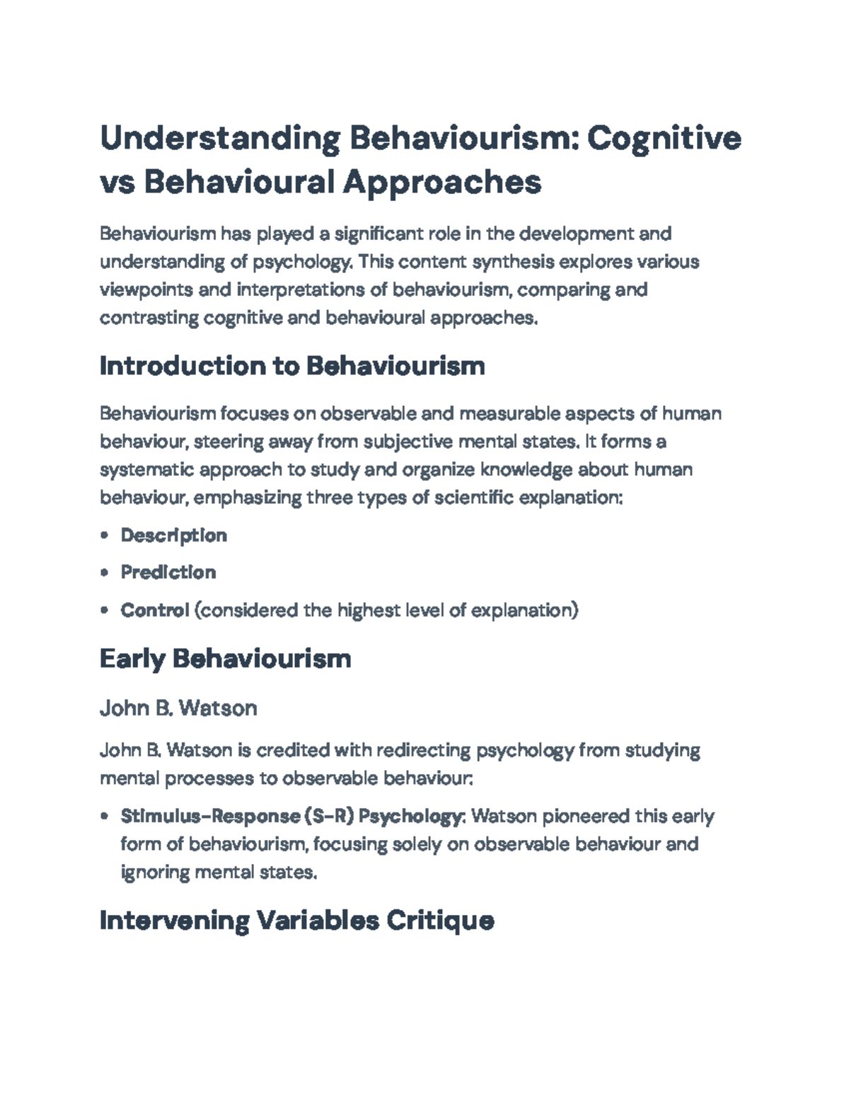 Behaviourism: Cognitive vs. Behavioural Approaches Overview (PSY 101 ...