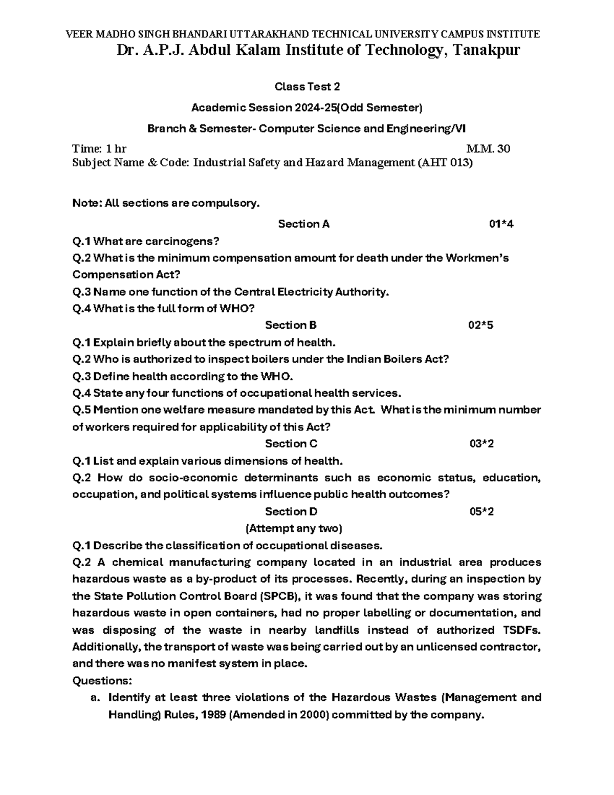 ISM AHT 013 - Industrial Safety & Hazard Management Class Test 2 - Studocu