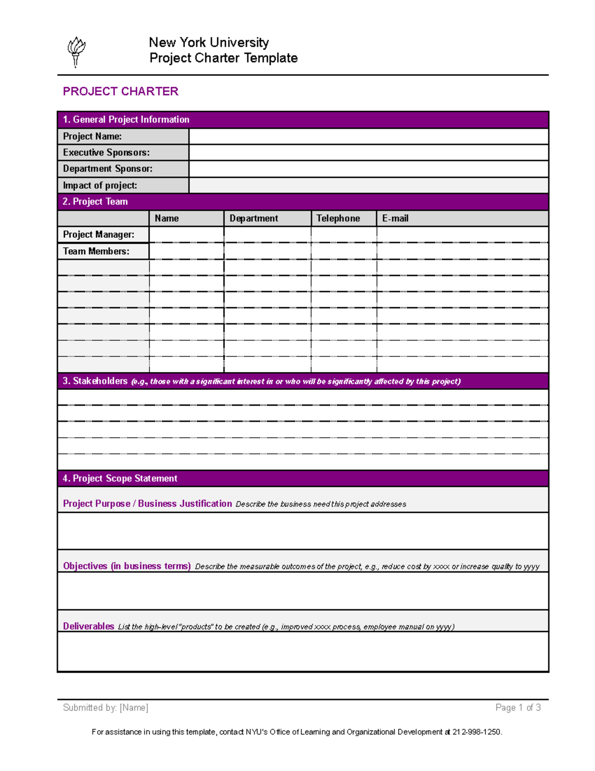 NYU Project Charter Template for Effective Project Management - Studocu