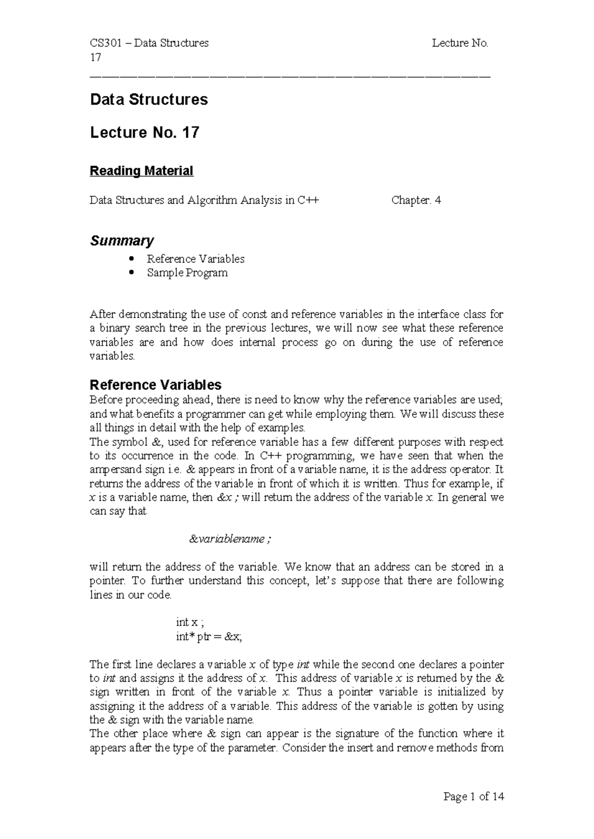 CS301 Data Structures Lecture 17: Reference Variables Explained - Studocu