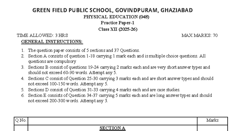 Class XII PED (048) Practice Paper 1: Physical Education Exam Prep ...