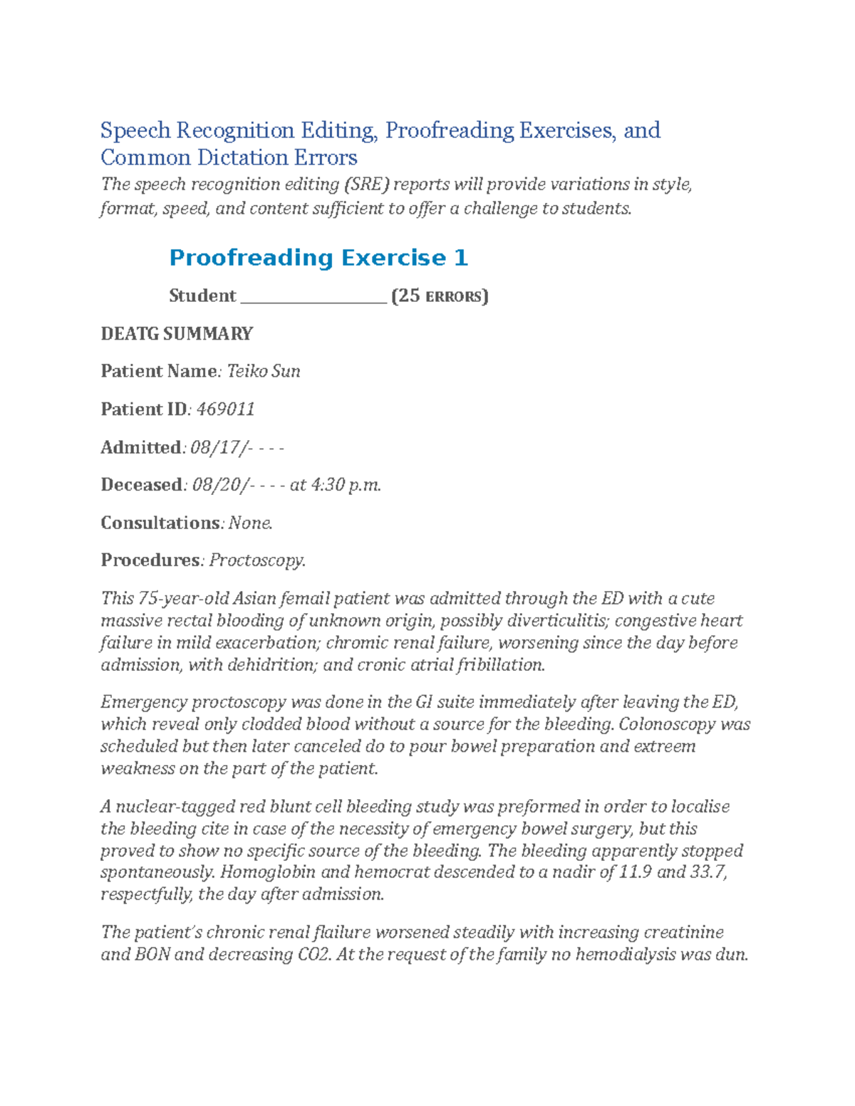 Speech Recognition Editing: Proofreading Exercises and Errors - Studocu