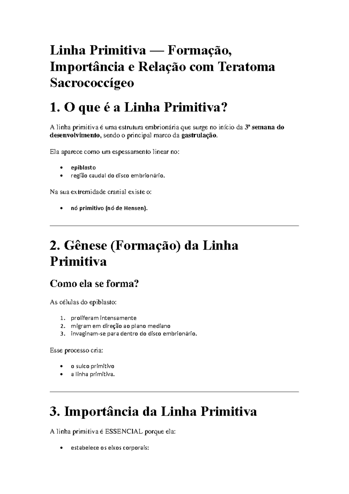 Linha Primitiva e Teratoma Sacrococcígeo: Revisão para 1º Semestre de ...