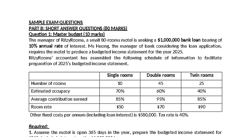 Inbound 253: Sample Exam Questions on Budgeting & CVP Analysis - Studocu