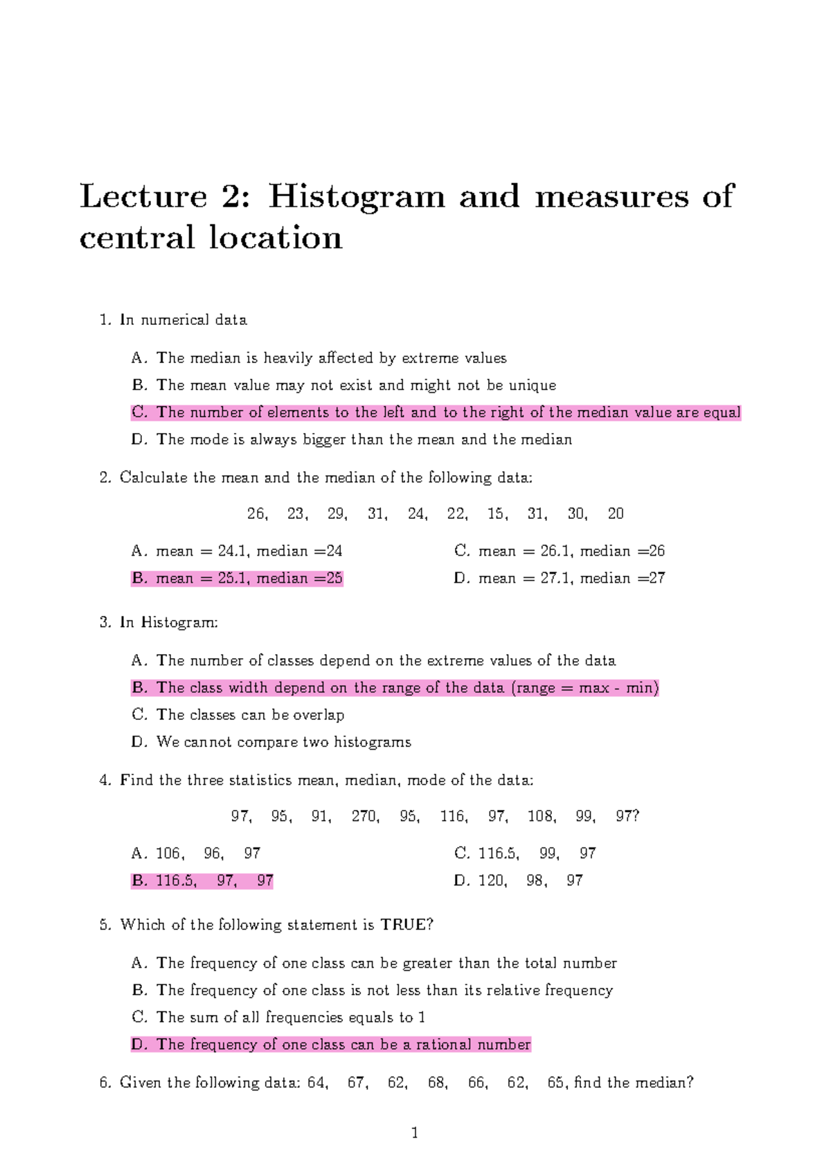 Lecture 2: Histograms & Central Tendency Measures - Exercise Notes ...