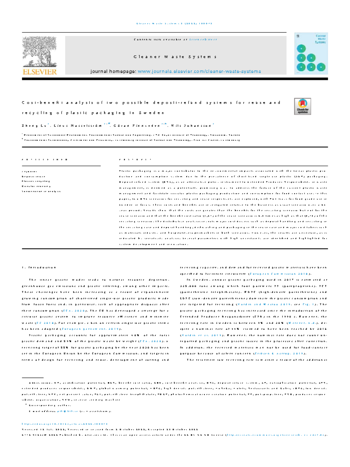 Analysis of Deposit Return Systems for Plastic Packaging in Sweden (CWS ...
